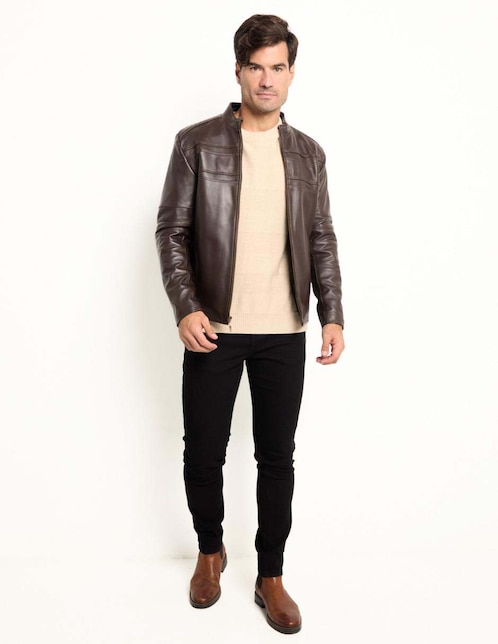 Chamarra casual Michel Domit de piel con bolsillos para hombre 3