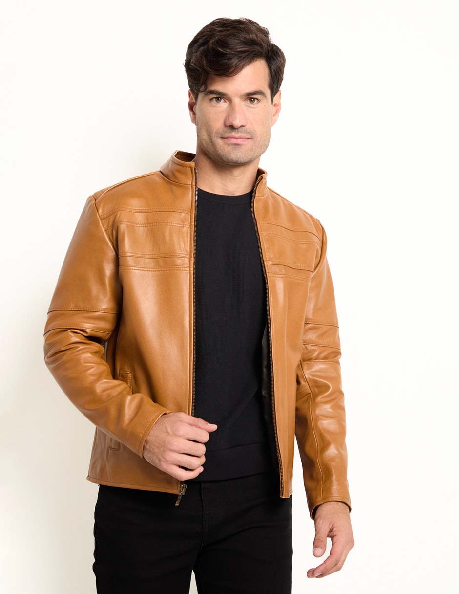 Chamarra casual Michel Domit de piel con bolsillos para hombre