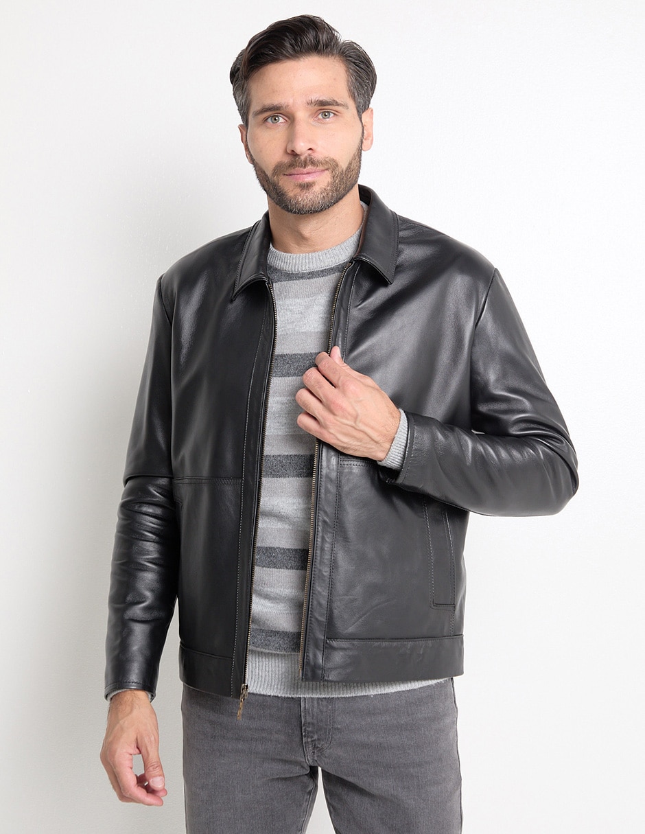 Chamarra casual Michel Domit de piel con bolsillos para hombre